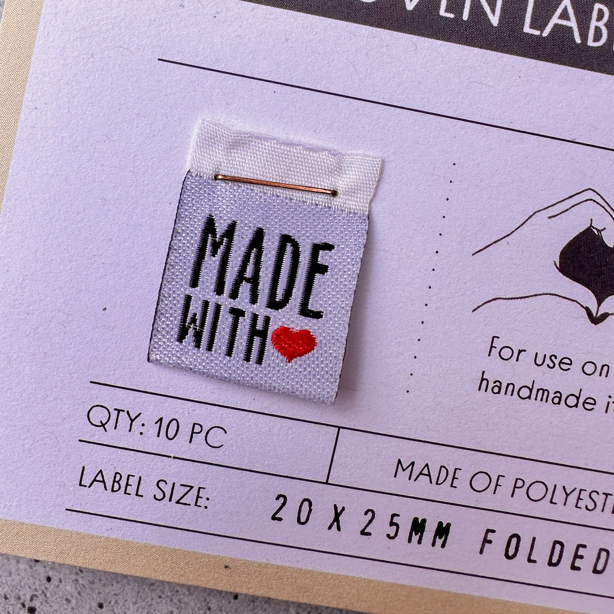 'Made with Heart' Basic Woven Label Pack - 10pc - Black on Grey – Tadah ...